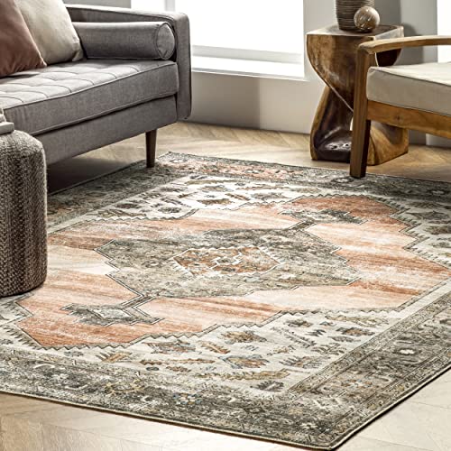 nuLOOM Gracie Distressed Medallion Machine Washable Runner Rug, 2' 6" x 8', Peach