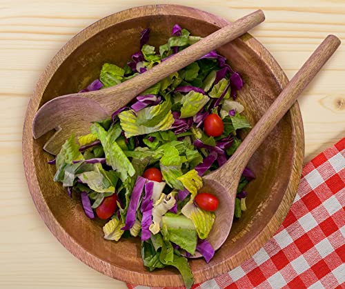 Fairwood Way Wooden Salad Bowl Set with Serving Utensils - Rustic Mango Wood Bowl with Servers - 11.5 Inch Natural Wood Bowl and Servers