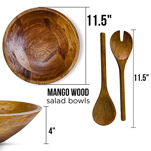 Fairwood Way Wooden Salad Bowl Set with Serving Utensils - Rustic Mango Wood Bowl with Servers - 11.5 Inch Natural Wood Bowl and Servers