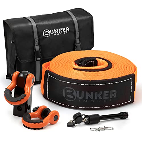 BUNKER INDUST Heavy Duty Tow Strap Recovery Kit,3" x 30ft 30,000lbs Snatch Strap + 2" Shackle Hitch Receiver + 5/8" Locking Pin + 3/4" D Ring Shackles with Isolator+ Bag,Off Road Gear Accessories