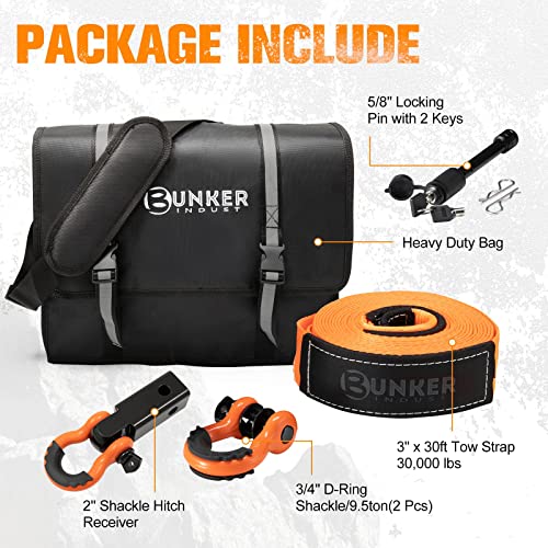 BUNKER INDUST Heavy Duty Tow Strap Recovery Kit,3" x 30ft 30,000lbs Snatch Strap + 2" Shackle Hitch Receiver + 5/8" Locking Pin + 3/4" D Ring Shackles with Isolator+ Bag,Off Road Gear Accessories