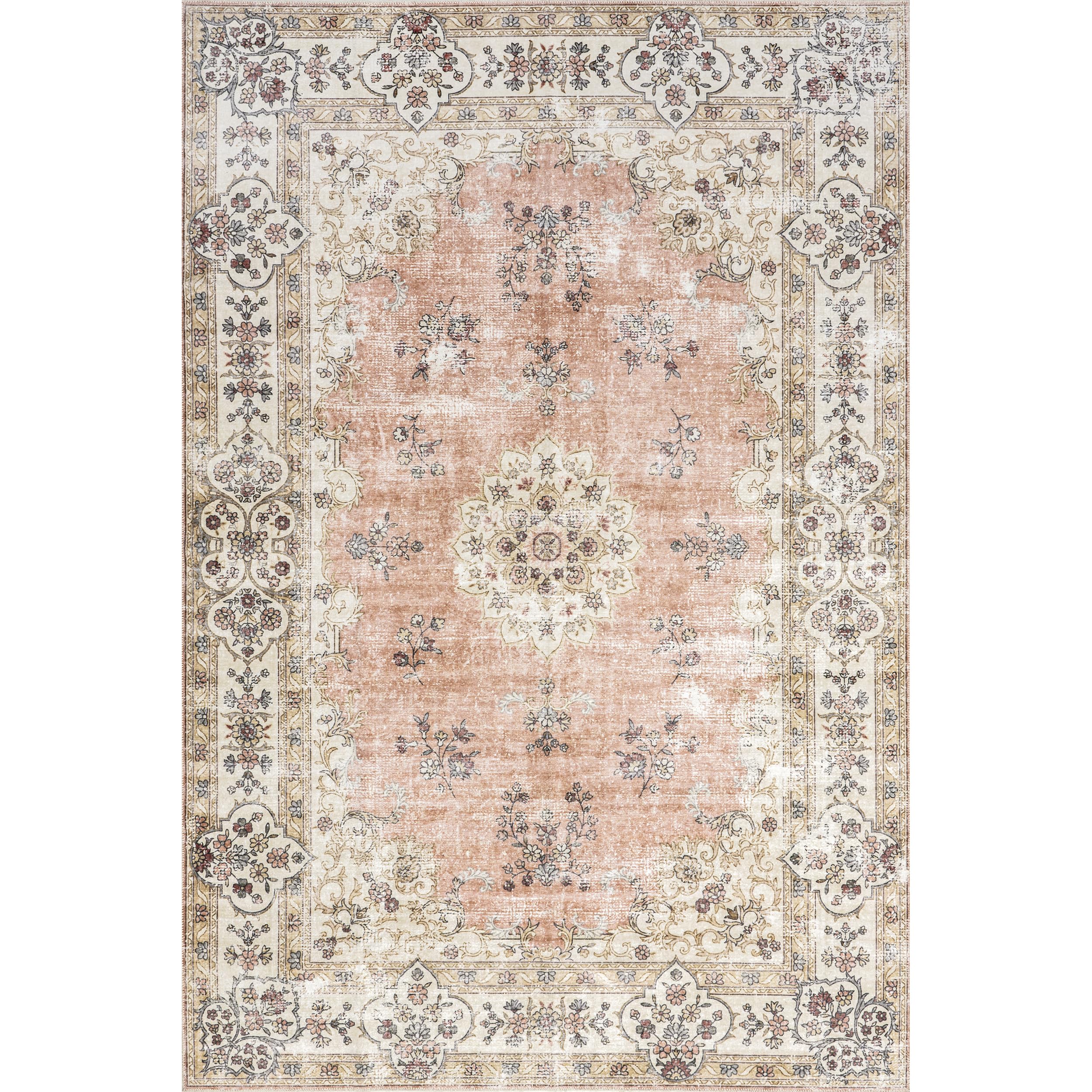 nuLOOM Ren Vintage Floral Machine Washable Area Rug, 3' x 5', Peach