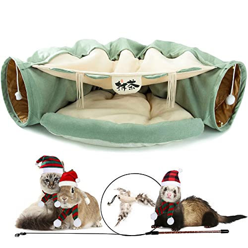 KUCDBUN Cat Tunnel Bed, 2-in-1 Collapsible Cat Tunnel Tubes Toys with Removable Mat for Pet Cats Kittens Puppies Rabbits Bunnies Ferrets (Matcha)