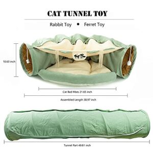 KUCDBUN Cat Tunnel Bed, 2-in-1 Collapsible Cat Tunnel Tubes Toys with Removable Mat for Pet Cats Kittens Puppies Rabbits Bunnies Ferrets (Matcha)