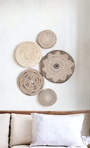 TheNamiCollection Five Seagrass Baskets Set | Hanging, Decorative, Boho Styled Perfect For Trendy, All Natural Home Wall Decor | Handmade, Round, Woven