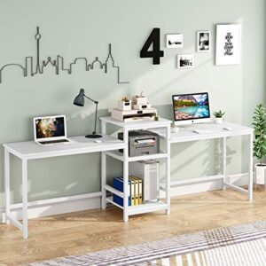 tribesigns 96.9" double computer desk with printer shelf, extra long two person desk workstation with storage shelves, large office desk study writing table for home office, white