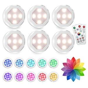 gana puck lights with remote control, under cabinet lighting led closet lights - battery powered operated timer function wireless color changing dimmable 16 colors and 4 modes battery lights (6 pack)