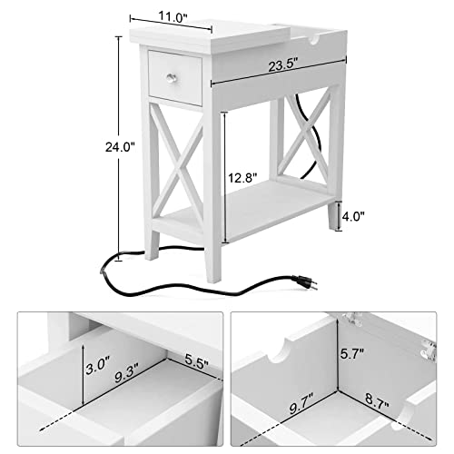 ChooChoo End Table with Flip Top and Charging Station, Narrow Side Table with Storage Cabinet and USB, Skinny Sofa Table with Power Outlet for Living Room Bedroom, White