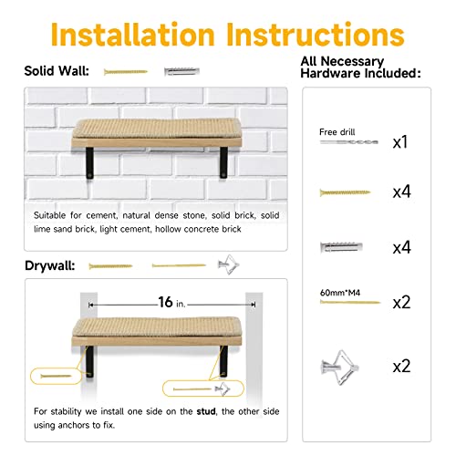 FUKUMARU Cat Wall Shelves, 16 x 10 Inch Cat Wall Furniture with Sisal Mat, Solid Rubber Wood Floating Wall Shelf with Upgraded Installation, Cat Window Perch for Sleeping, Playing and Scratching