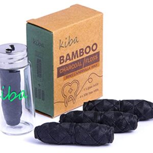 Kiba Bamboo Charcoal Floss w/Reusable Floss Container 5 pc Kit (1 Glass Floss Container + 4x30m Dental Floss Refills) - Eco Friendly Floss w/Candelilla Wax - Mint - Vegan