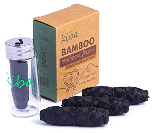 Kiba Bamboo Charcoal Floss w/Reusable Floss Container 5 pc Kit (1 Glass Floss Container + 4x30m Dental Floss Refills) - Eco Friendly Floss w/Candelilla Wax - Mint - Vegan