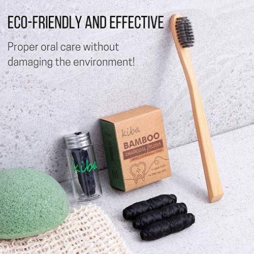 Kiba Bamboo Charcoal Floss w/Reusable Floss Container 5 pc Kit (1 Glass Floss Container + 4x30m Dental Floss Refills) - Eco Friendly Floss w/Candelilla Wax - Mint - Vegan