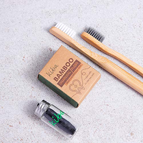 Kiba Bamboo Charcoal Floss w/Reusable Floss Container 5 pc Kit (1 Glass Floss Container + 4x30m Dental Floss Refills) - Eco Friendly Floss w/Candelilla Wax - Mint - Vegan