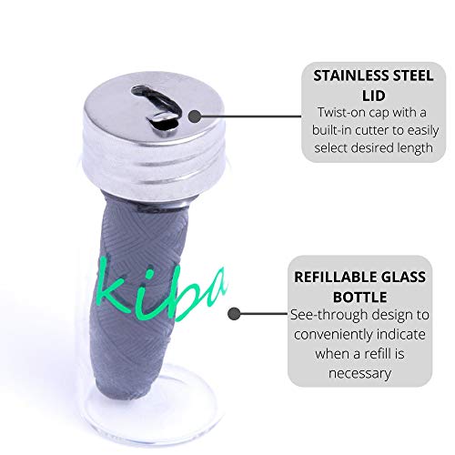 Kiba Bamboo Charcoal Floss w/Reusable Floss Container 5 pc Kit (1 Glass Floss Container + 4x30m Dental Floss Refills) - Eco Friendly Floss w/Candelilla Wax - Mint - Vegan