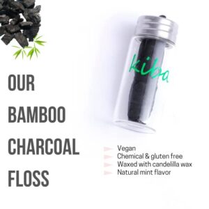 Kiba Bamboo Charcoal Floss w/Reusable Floss Container 5 pc Kit (1 Glass Floss Container + 4x30m Dental Floss Refills) - Eco Friendly Floss w/Candelilla Wax - Mint - Vegan