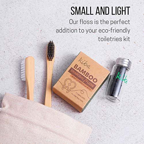 Kiba Bamboo Charcoal Floss w/Reusable Floss Container 5 pc Kit (1 Glass Floss Container + 4x30m Dental Floss Refills) - Eco Friendly Floss w/Candelilla Wax - Mint - Vegan