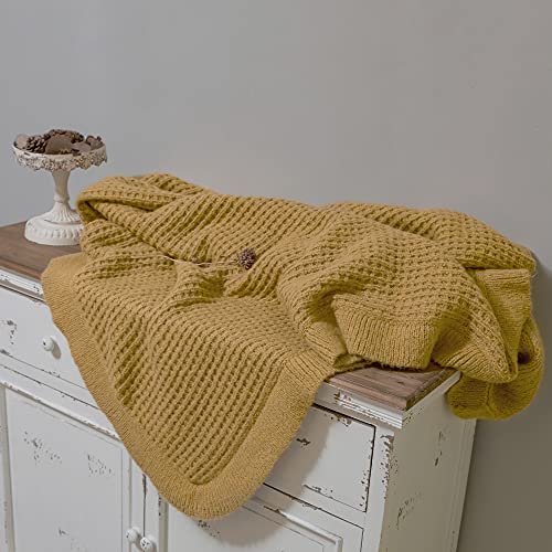 Amélie Home Soft Cozy Waffle Knit Throw Blanket with Ruffled Fringe, Decorative Lightweight Knitted Throw Blankets for Couch Bed Sofa (Yellow, 50'' x 60'')