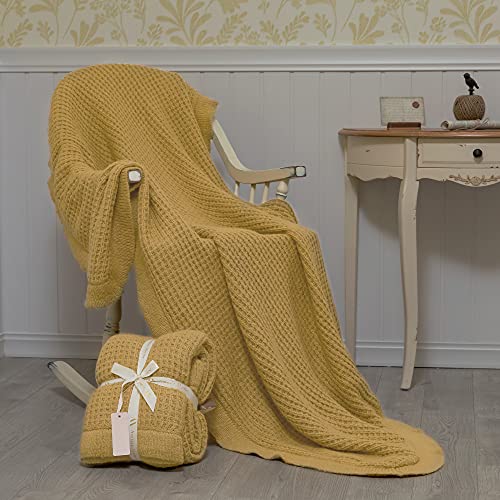 Amélie Home Soft Cozy Waffle Knit Throw Blanket with Ruffled Fringe, Decorative Lightweight Knitted Throw Blankets for Couch Bed Sofa (Yellow, 50'' x 60'')