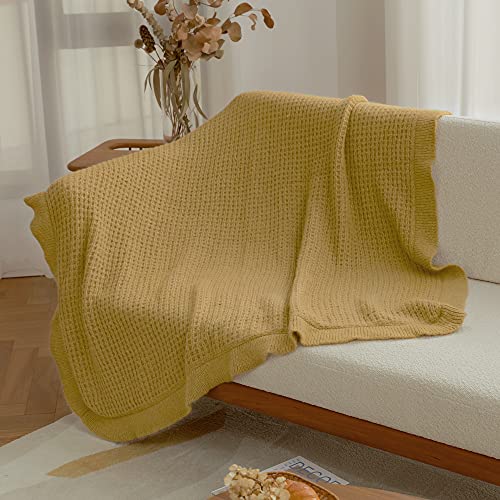 Amélie Home Soft Cozy Waffle Knit Throw Blanket with Ruffled Fringe, Decorative Lightweight Knitted Throw Blankets for Couch Bed Sofa (Yellow, 50'' x 60'')