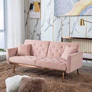 iDFURLF Mid Century Modern Velvet Fabric Couch Convertible Futon Sofa Bed Recliner Couch Accent Sofa Loveseat Sofa with Gold Metal Feet (59 Pink)