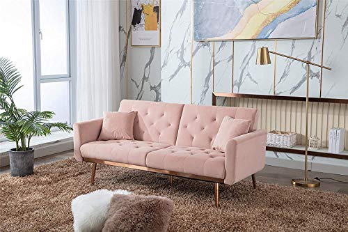 iDFURLF Mid Century Modern Velvet Fabric Couch Convertible Futon Sofa Bed Recliner Couch Accent Sofa Loveseat Sofa with Gold Metal Feet (59 Pink)