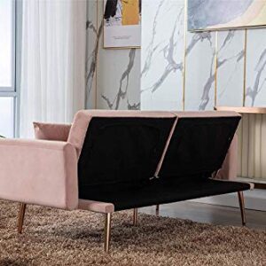 iDFURLF Mid Century Modern Velvet Fabric Couch Convertible Futon Sofa Bed Recliner Couch Accent Sofa Loveseat Sofa with Gold Metal Feet (59 Pink)