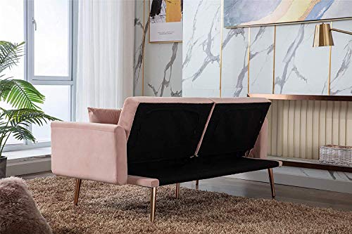 iDFURLF Mid Century Modern Velvet Fabric Couch Convertible Futon Sofa Bed Recliner Couch Accent Sofa Loveseat Sofa with Gold Metal Feet (59 Pink)