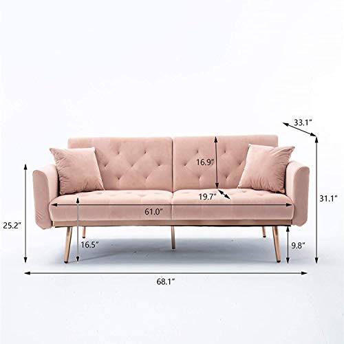 iDFURLF Mid Century Modern Velvet Fabric Couch Convertible Futon Sofa Bed Recliner Couch Accent Sofa Loveseat Sofa with Gold Metal Feet (59 Pink)