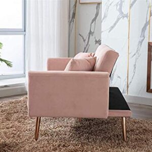 iDFURLF Mid Century Modern Velvet Fabric Couch Convertible Futon Sofa Bed Recliner Couch Accent Sofa Loveseat Sofa with Gold Metal Feet (59 Pink)