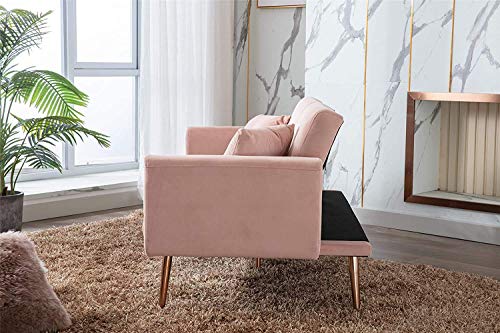 iDFURLF Mid Century Modern Velvet Fabric Couch Convertible Futon Sofa Bed Recliner Couch Accent Sofa Loveseat Sofa with Gold Metal Feet (59 Pink)