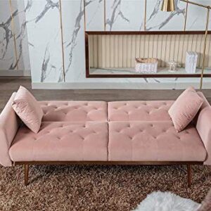 iDFURLF Mid Century Modern Velvet Fabric Couch Convertible Futon Sofa Bed Recliner Couch Accent Sofa Loveseat Sofa with Gold Metal Feet (59 Pink)