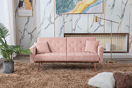 iDFURLF Mid Century Modern Velvet Fabric Couch Convertible Futon Sofa Bed Recliner Couch Accent Sofa Loveseat Sofa with Gold Metal Feet (59 Pink)