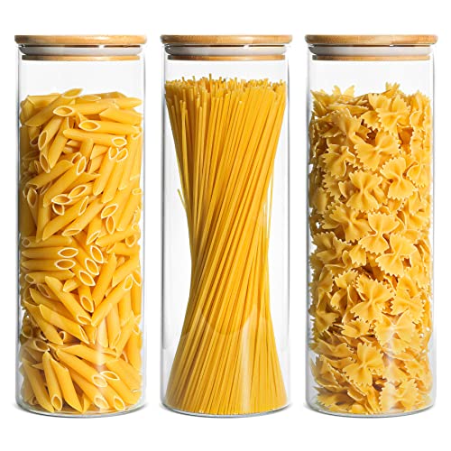 ComSaf Glass Spaghetti Pasta Storage Container with Lids 74oz Set of 3, Tall Clear Airtight Food Storage Jar with Bamboo Cover Kitchen Pantry Storage Container for Noodles Flour Cereal Coffee Beans