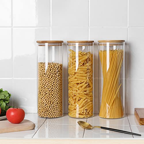 ComSaf Glass Spaghetti Pasta Storage Container with Lids 74oz Set of 3, Tall Clear Airtight Food Storage Jar with Bamboo Cover Kitchen Pantry Storage Container for Noodles Flour Cereal Coffee Beans