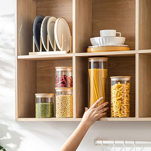 ComSaf Glass Spaghetti Pasta Storage Container with Lids 74oz Set of 3, Tall Clear Airtight Food Storage Jar with Bamboo Cover Kitchen Pantry Storage Container for Noodles Flour Cereal Coffee Beans