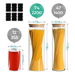 ComSaf Glass Spaghetti Pasta Storage Container with Lids 74oz Set of 3, Tall Clear Airtight Food Storage Jar with Bamboo Cover Kitchen Pantry Storage Container for Noodles Flour Cereal Coffee Beans