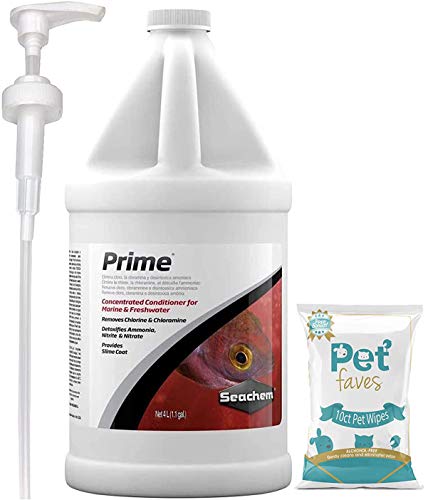 Seachem Prime Fresh and Saltwater Conditioner 4 Liters with Dispenser Pump,and 10ct Pet Wipes