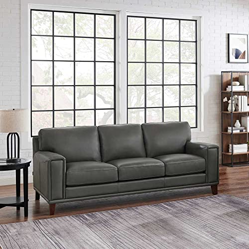 Hydeline Hayward Top Grain Leather Wood Sofa Couch, 88.5", Gray/Steel