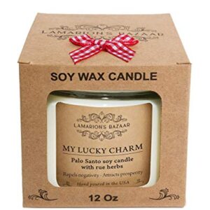 My Lucky Charm - Cleansing Palo Santo with Rue (Ruda) Herbs - Large Candle for Healing, Good Luck and Protection - 12 oz. Soy Candle in a Kraft Box