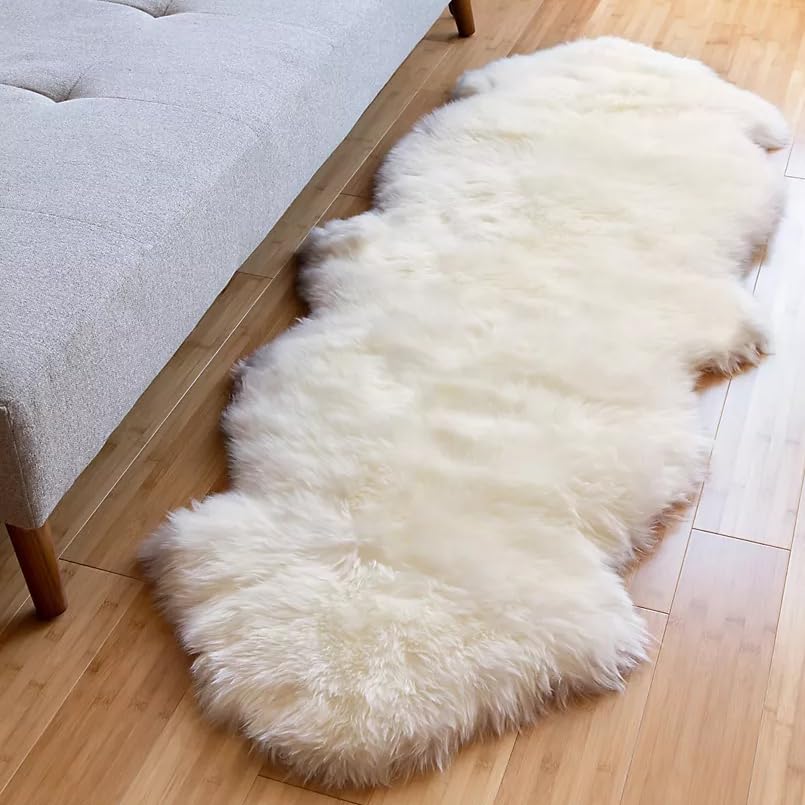 Fluffy Genuine New Zealand Sheepskin Area Rug for Soft Fur Pray Throw Pup Irregular Rug, Chair Sofa Seat Cover, Bedroom, Living Room, Double Pelt (Ivory, 2x6ft)