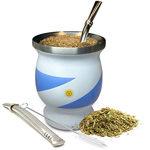 Yerba Mate Natural Gourd/Tea Cup Set Argentinian Flag/Argentina (Original Traditional Mate Cup - 8 Ounces), Includes 2 Bombillas (Yerba Mate Straws) & Cleaning Brush, Stainless Steel, Double-Walled