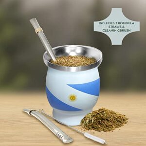 Yerba Mate Natural Gourd/Tea Cup Set Argentinian Flag/Argentina (Original Traditional Mate Cup - 8 Ounces), Includes 2 Bombillas (Yerba Mate Straws) & Cleaning Brush, Stainless Steel, Double-Walled