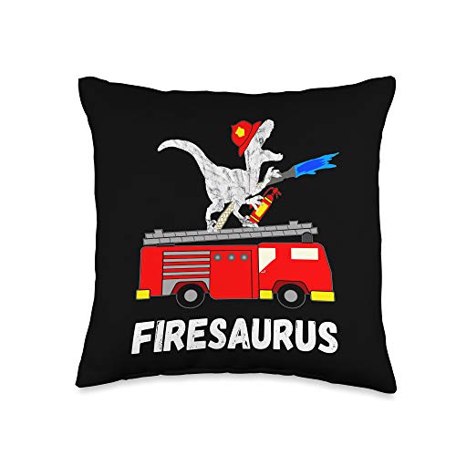 Cool Fire Fighter Truck Firetruck Firefighter Gift Fire Fighter Saurus Firetruck Fireman Dinosaur T-Rex Throw Pillow, 16x16, Multicolor