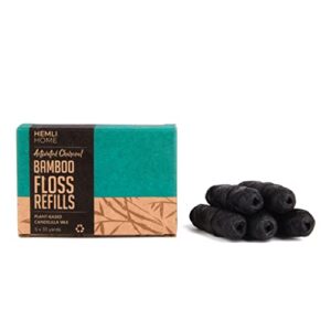 bamboo charcoal dental floss refills, bambo woven fibres, 5 x 33 yards, organic refillable dental floss, natural floss, eco-friendly floss. plant-based candelilla wax floss with natural mint flavoring