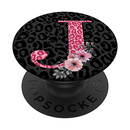 Letter J Initial Flower Pink and Black Leopard Print PopSockets Swappable PopGrip