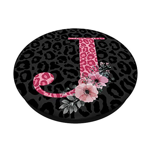 Letter J Initial Flower Pink and Black Leopard Print PopSockets Swappable PopGrip