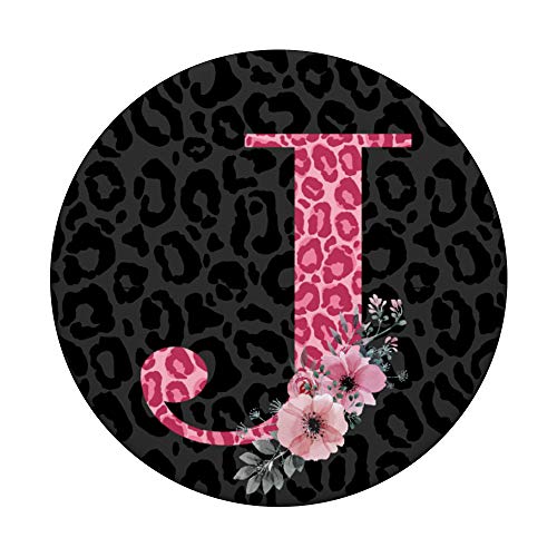 Letter J Initial Flower Pink and Black Leopard Print PopSockets Swappable PopGrip