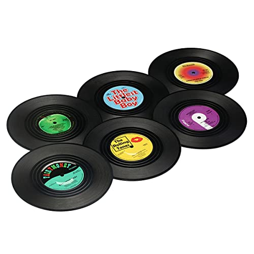 MECOWON Vinyl Record Coasters with Record Player Holder - 6Packs, Cool Coasters for Music Lovers