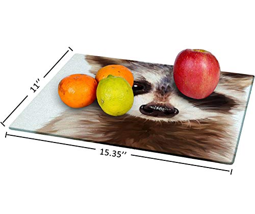 Tempered Glass Cutting Board Raccoon Tableware Kitchen Decorative Cutting Board with Non-slip Legs, Serving Board, Large Size, 15" x 11"