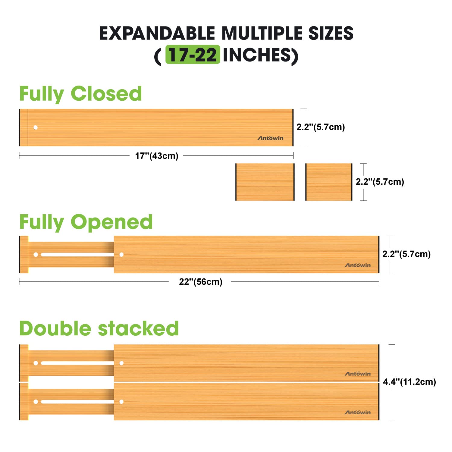 ANTOWIN Bamboo Drawer Dividers Organizers, Drawer Separators Splitter,17-22 inches Long Adjustable Spring-loaded Organizer for Large Utensil, Clothes, Tools Drawers (4+4)